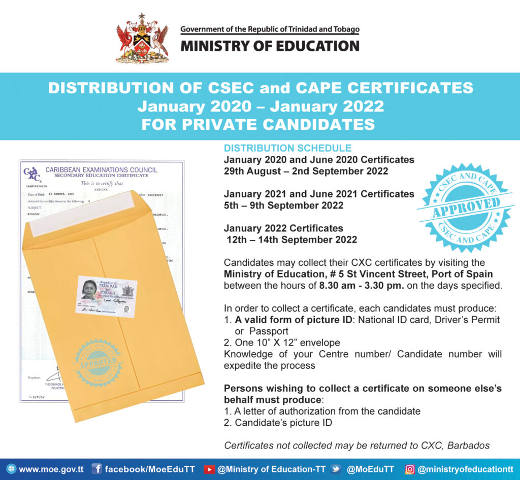 DISTRIBUTION OF CSEC and CAPE CERTIFICATES – Ministry of Education