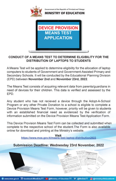 Re-opening of Means Test (Laptop Distribution) – Ministry of Education