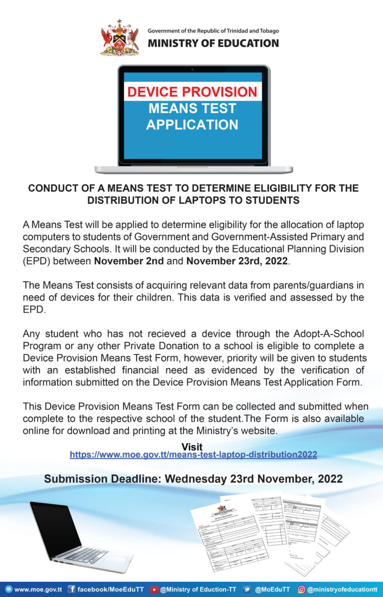 Re-opening of Means Test (Laptop Distribution) – Ministry of Education