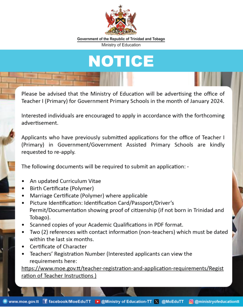 NOTICE Primary Teacher 1 – Ministry of Education