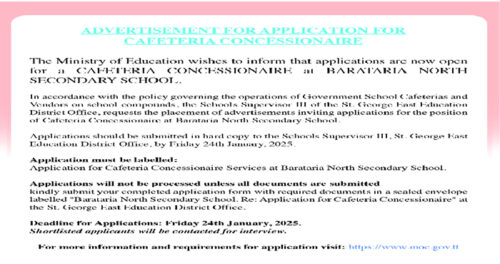 Barataria North Secondary School Cafeteria Concessionaire – Ministry of ...